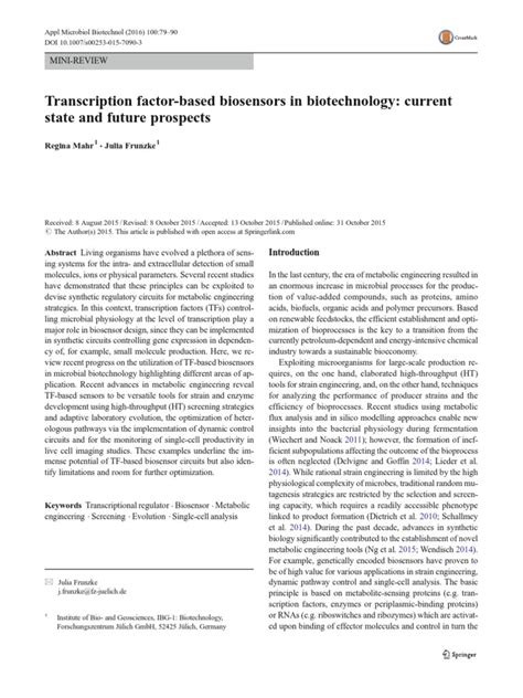 Transcription Factor Based Biosensors In Biotechnology Current Pdf Biosensor