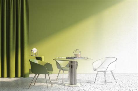 가구와 커튼 디자인 및 건축 개념 3d 렌더링을 갖춘 현대적인 올리브 카페테리아 인테리어의 스케치 프리미엄 사진