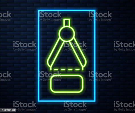 벽돌 벽 배경에 격리 된 빛나는 네온 라인 그리기 나침반 아이콘 나침반 기호입니다 드로잉 및 교육 도구 기하학적 계측기 벡터 3