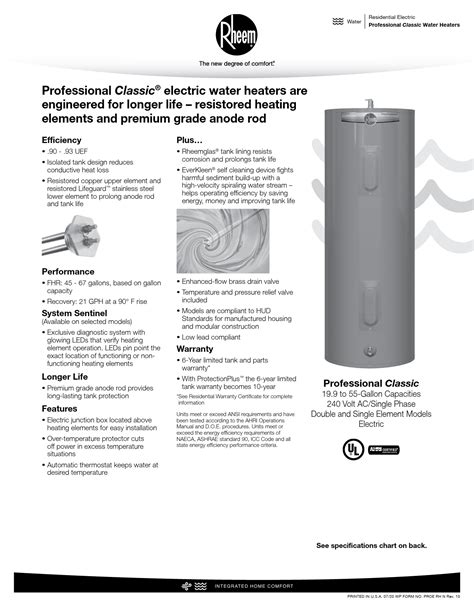 Rheem Proe50 T2 Rh95 Professional Classic Standard Electric Water