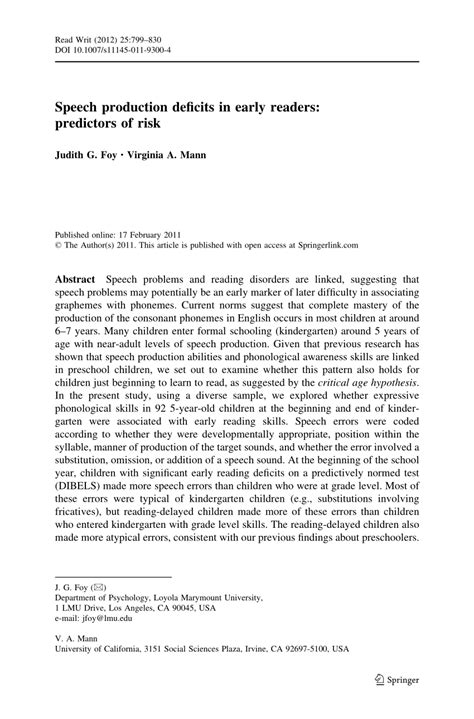 Pdf Speech Production Deficits In Early Readers Predictors Of Risk