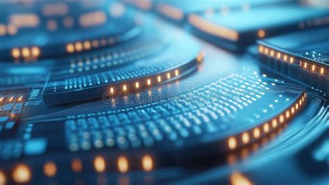 Close Up Of Electronic Microchip On A Luminous Circuit Board With Detailed Connections Stock