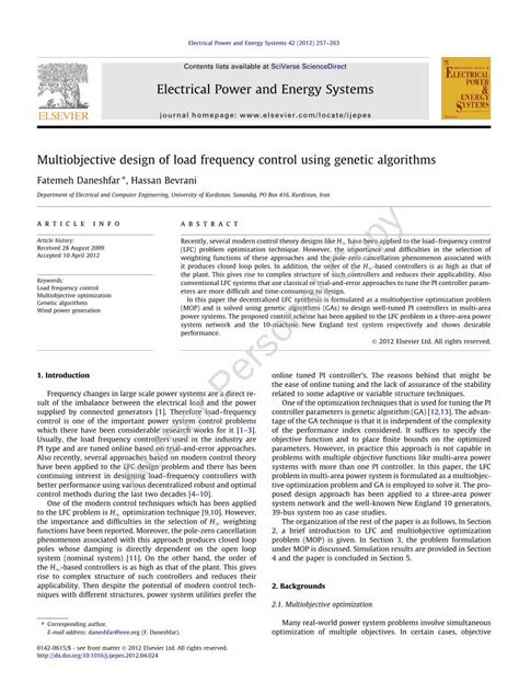 Pdf Multiobjective Design Of Load Frequency Control Using Genetic Dokumentips