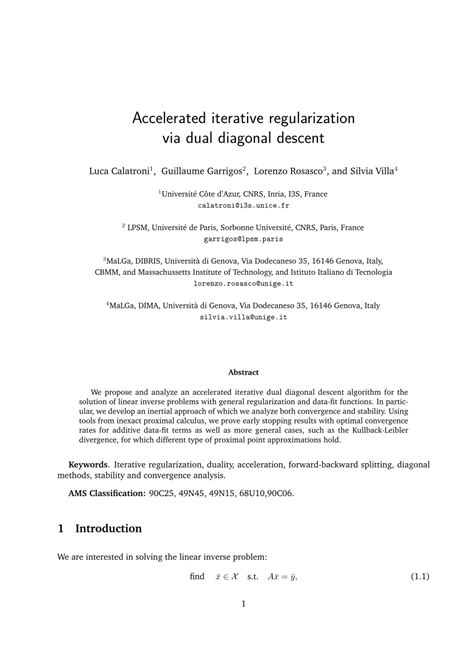 Pdf Accelerated Iterative Regularization Via Dual Diagonal Descent
