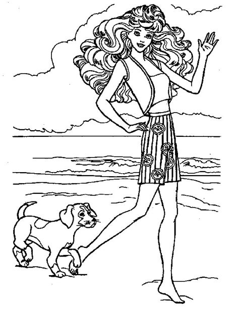 Kleuren Nu Barbie Met Een Hond Op Het Strand Kleurplaten