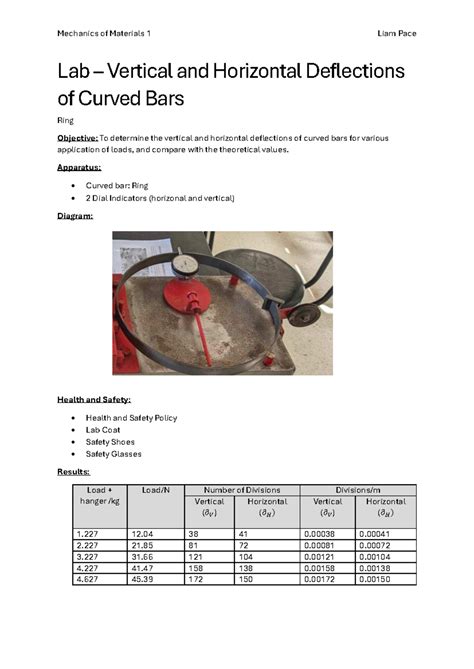 Lab Report Curved Beams Ring Lab Vertical And Horizontal Deflections Of Curved Bars Ring