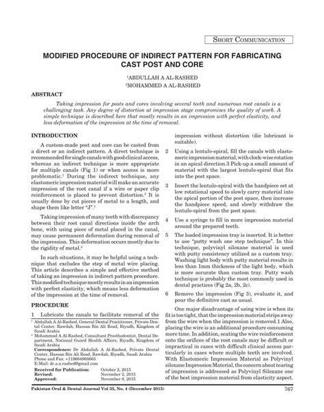 Pdf Modified Procedure Of Indirect Pattern …t Imemrf Pak Oral Dent J