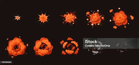 폭발 애니메이션 만화 폭발 연기가 사라집니다 원자 폭발 프레임 위험 강타 효과 만화 폭탄 붐 최근 벡터 단계별 일러스트 폭발에 대한 스톡 벡터 아트 및 기타 이미지 Istock