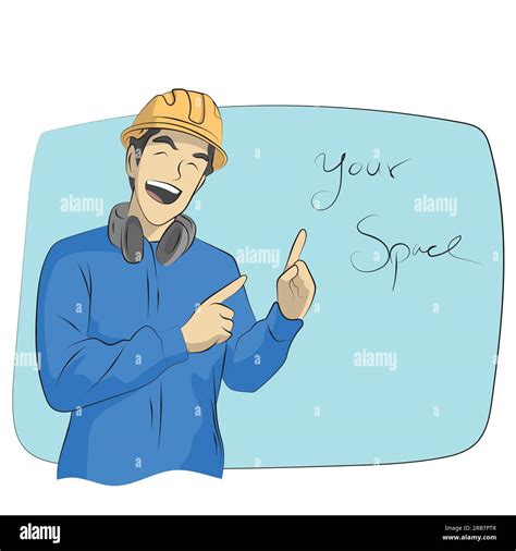 Half Length Of Smiling Repairman With Hard Hat Pointing On Blank Space Illustration Vector Hand