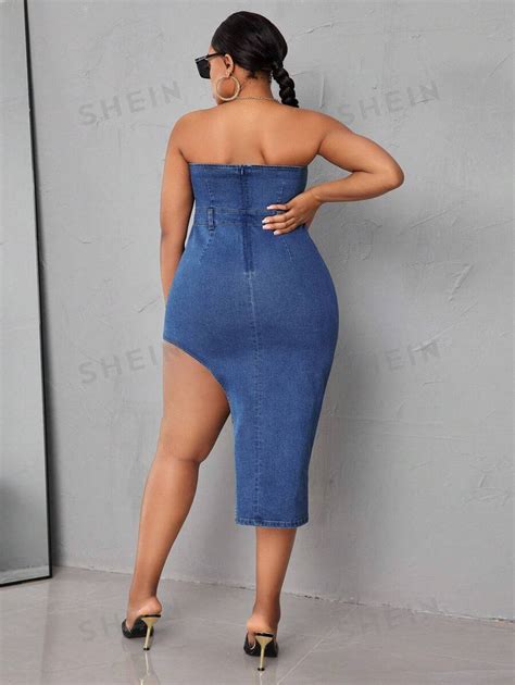 Shein Sxy Plus Size Strapless Denim Maxi Dress With High Slit And Side