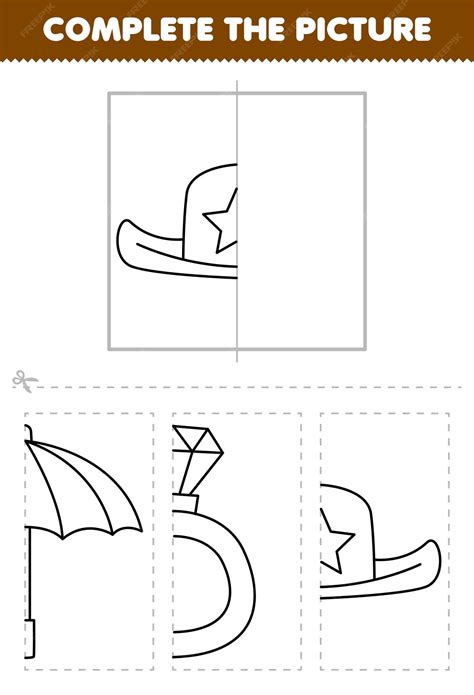 어린이를 위한 교육 게임은 인쇄 가능한 웨어러블 의류 워크시트를 색칠하기 위한 귀여운 만화 카우보이 모자 반 개요의 그림을 자르고 완성합니다 프리미엄 벡터