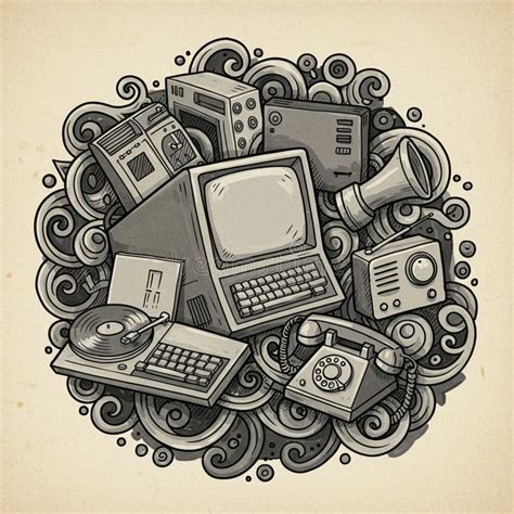 Retro Styled Illustration Featuring Various Vintage Technology Including A Crt Computer Stock