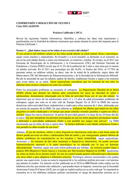 Fuentes Práctica Calificada 1 2022 Agosto ComprensiÓn Y RedacciÓn De