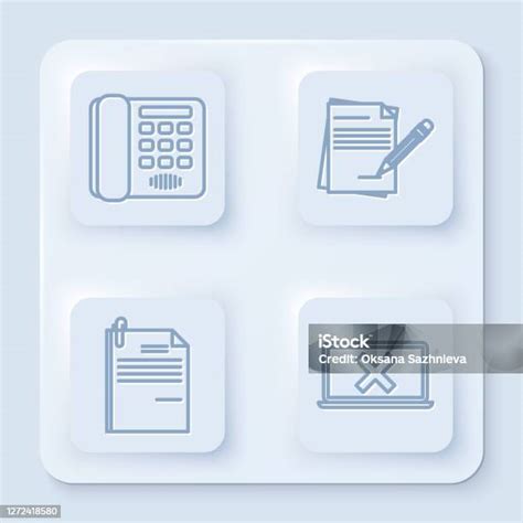 지우개 파일 문서 및 종이 클립 노트북및 화면에 크로스 마크라인 전화 빈 노트북 및 연필을 설정합니다 흰색 정사각형 버튼 벡터