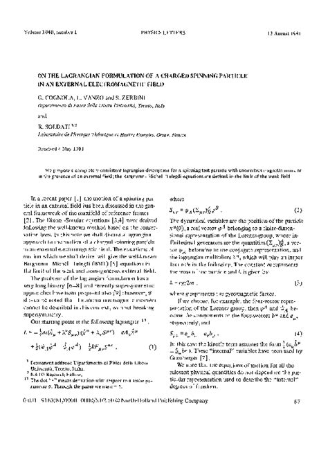 Pdf On The Lagrangian Formulation Of A Charged Spinning Particle In An External