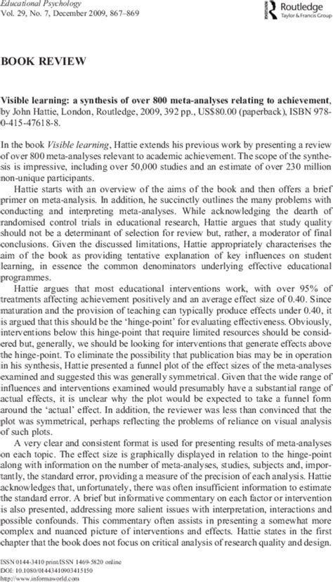 Visible Learning A Synthesis Of Over 800 Meta‐analyses Relating To Achievement Educational