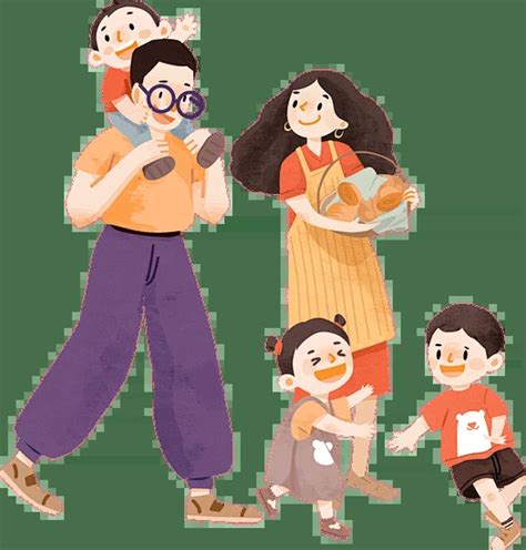 三孩时代主题扁平风格插画 逛街的一家五口 花瓣网