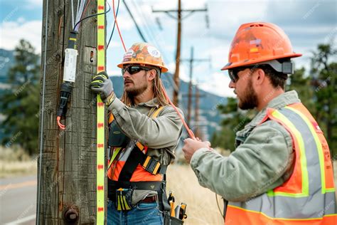 Premium Ai Image Engineers In Harnesses Mounting Fiber Optic Cables On Utility Poles Advancing