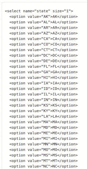 HTML Code For List Of States Drop Down List