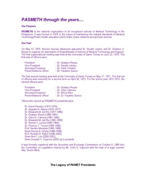 Pasmeth Through The Years Pdf Further Education Wellness