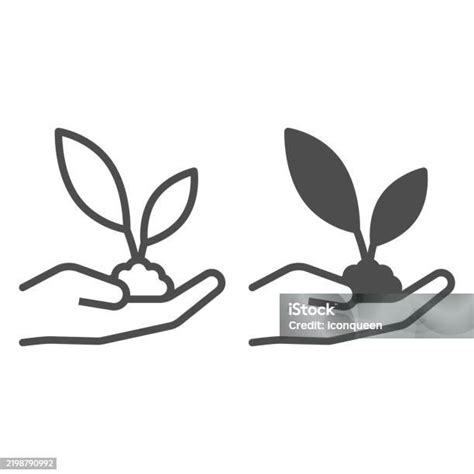 새싹 흙 손에 선과 단단한 아이콘 원예 개념 벡터 그래픽 흰색 배경에 정원 식물 기호 모바일 또는 웹 디자인을위한 윤곽선 스타일 아이콘 0명에 대한 스톡 벡터 아트 및 기타
