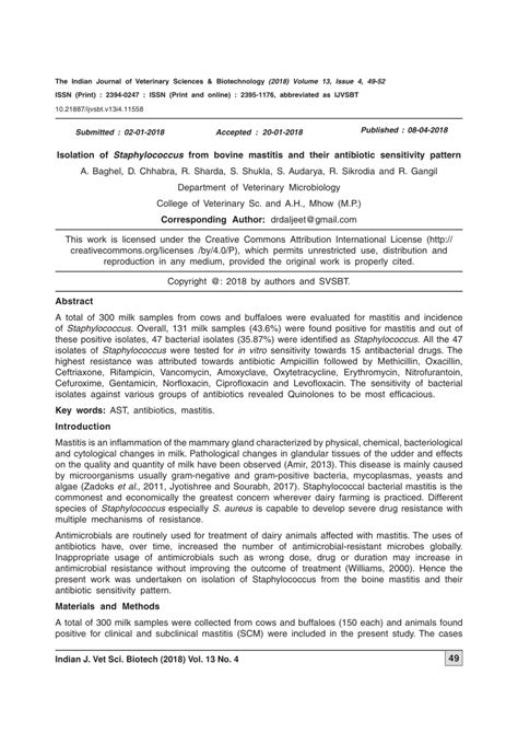 Pdf Isolation Of Staphylococcus From Bovine Mastitis And Their