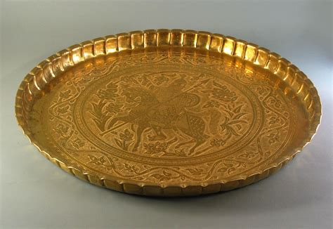 Large And Impressive Qajar Circular Brass Tray With Persian Warrior For