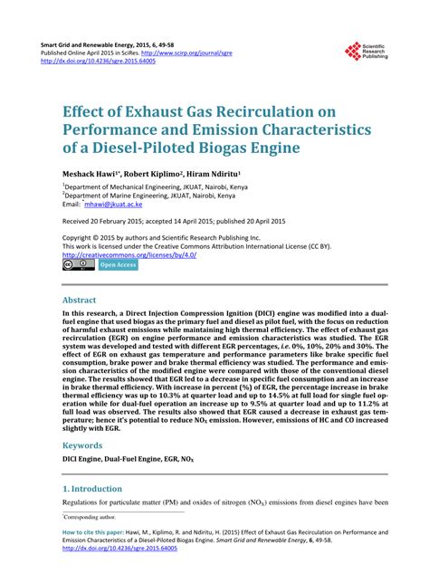 Pdf Effect Of Exhaust Gas Recirculation On Performance And Emission Characteristics Of A