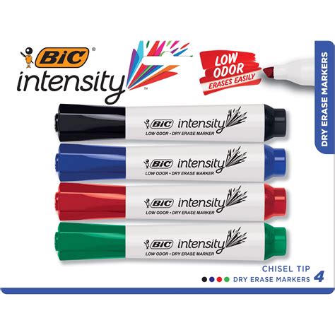Bic Intensity Low Odor Dry Erase Marker Chisel Tip Tank Style Assorted Colors 4 Count