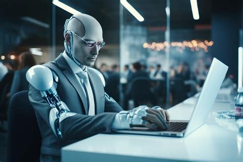 Premium Ai Image Humanoid Android Robot Working On Laptop In Office