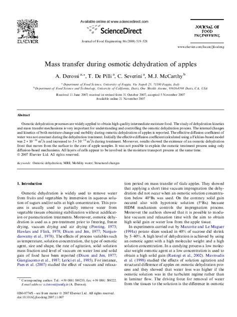 Pdf Mass Transfer During Osmotic Dehydration Of Apples