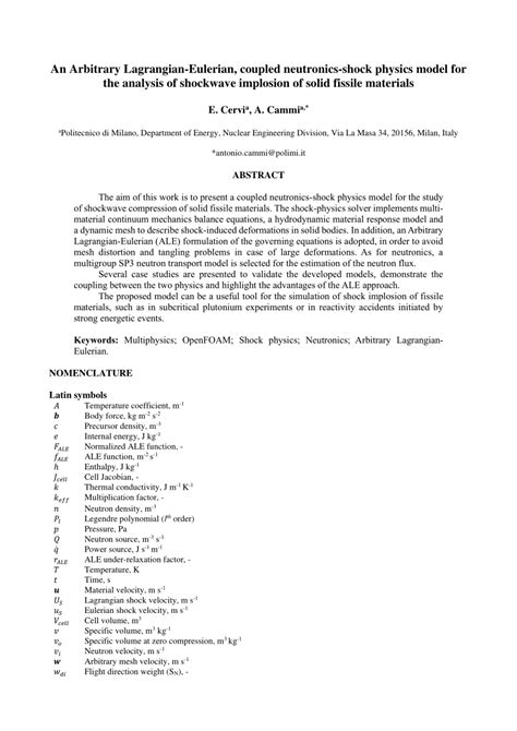 Pdf An Arbitrary Lagrangian Eulerian Coupled Neutronics Shock Physics Model For The Analysis