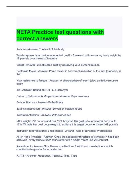 NETA Practice Test Questions With Correct Answers NETA Personal Training Stuvia US