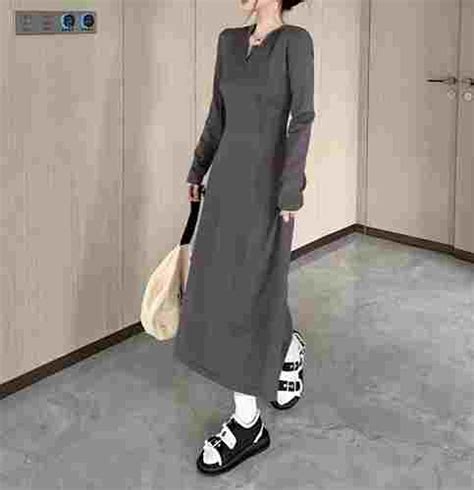 그레이 심플 캐주얼 슬림 A라인 후드 후디 롱 원피스 J07