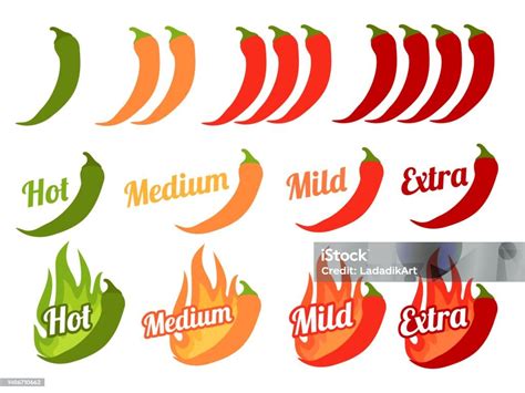 고추 라벨 스낵 소스 핫니스 레벨 칠리 케첩 또는 살사 매운 스티커 칩 또는 햄버거 토핑을위한 온화한 중간 높은 맛 지수 깔끔한 벡터 세트 칠리에 대한 스톡 벡터 아트 및