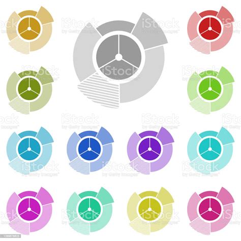 여러 색상의 태양 버스트 차트 아이콘 간단한 글리프 Ui 및 Ux 웹 사이트 또는 모바일 응용 프로그램에 대한 차트 및 다이어그램 아이콘의 평면 벡터 3차원 형태에 대한