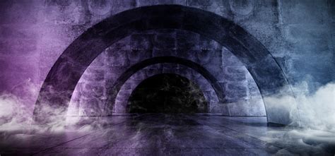 연기 콘크리트 블루 퍼플 글로우 복도 우주선 빛나는 미래 공상 과학 Fi 화이트 레이저 무대 빈 터널 반사 그런 지 타원형 아크 외계인 3d 렌더링 0명에 대한 스톡 사진