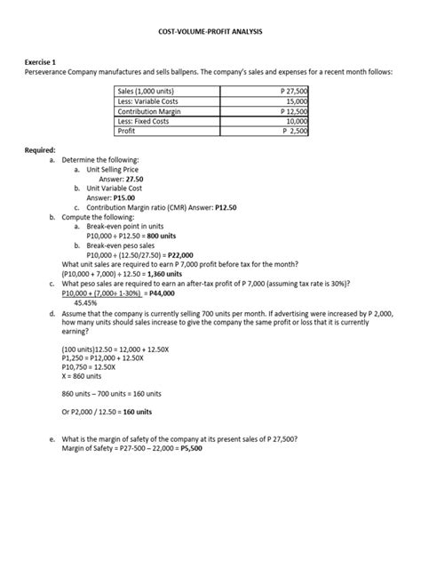Cvp Analysis Summary And Exercises With Answer Pdf Pricing