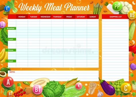 Weekly Meal Plan Mealtime Vector Diary Stock Vector Illustration Of