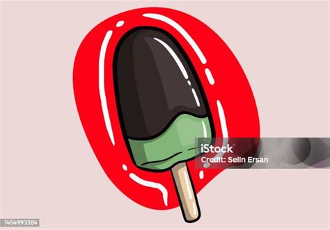 전체와 물린 아이스크림 손으로 그린 벡터 삽화 아이스 캔디는 배경에 고립 된 나무 막대기로 초콜릿을 덮었습니다 갈색에 대한 스톡