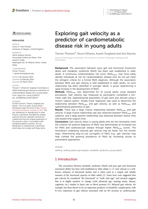 Pdf Exploring Gait Velocity As A Predictor Of Cardiometabolic Disease Risk In Young Adults