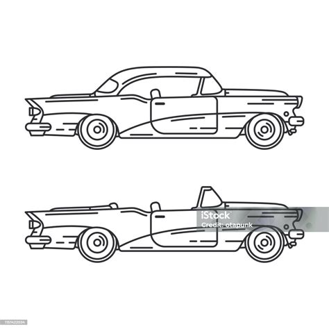 라인 벡터 아이콘 세트 미국 카브 리 올레 자동 Oldtimer 고전적인 1950 년대 스타일 향수 골동품 자동차 여름 여행 휴가 빈티지 스포츠 자동차입니다 고속도로 경주
