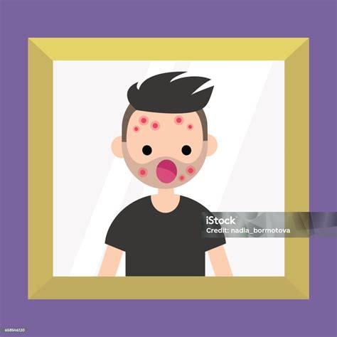 충격된 수염된 남자의 거울 반사입니다 피부과 문제입니다 여드름 평면 편집 가능한 벡터 일러스트 레이 션 클립 아트 가린 얼굴에 대한 스톡 벡터 아트 및 기타 이미지 Istock