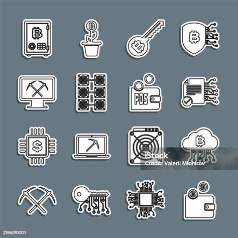 세트 라인 암호 화폐 지갑 클라우드 마이닝 스마트 계약 키 마이닝 팜 모니터 및 곡괭이 지분 증명 및 아이콘 벡터 0명에 대한 스톡 벡터 아트 및 기타 이미지 Istock