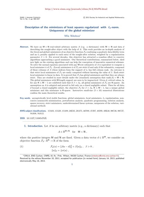 Pdf Description Of The Minimizers Of Least Squares Regularized With L0 Norm Uniqueness Of