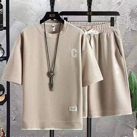 남성용 레터 빈티지 운동복 세트 고품질 와플 운동복 짧은 의상 티셔츠 반바지 2 종 세트 여름 2023 신상 Aliexpress