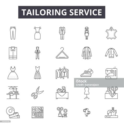 맞춤형 서비스 라인 아이콘 기호 설정 벡터 테일러 링 서비스 개요 컨셉 일러스트레이션 서비스 테일러 링 패션 장비 제작 의류 가위에 대한 스톡 벡터 아트 및 기타 이미지