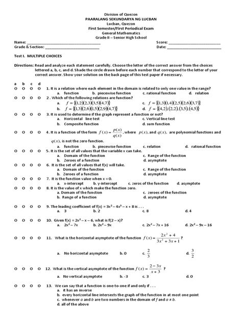 Final Test Firstsem Genmath Pdf Function Mathematics Asymptote