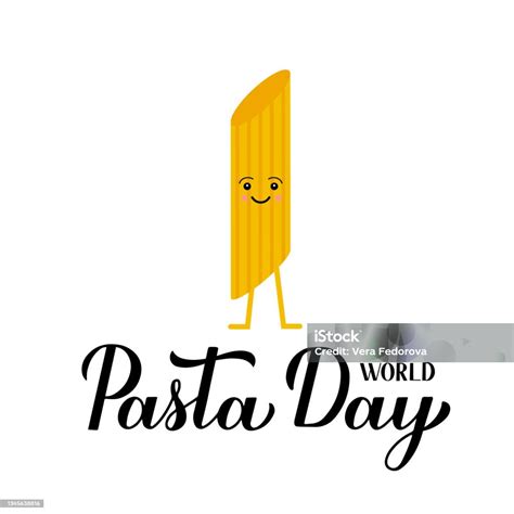 귀여운 마카로니와 파스타 데이 서예 손 레터 기호 디자인 배너 타이포그래피 포스터 전단지 스티커 바 또는 레스토랑 메뉴 등을 위한 벡터 템플릿 10월에 대한 스톡 벡터 아트