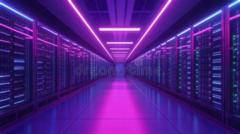 Futuristic Server Room With Neon Lighting And Advanced Cloud Data